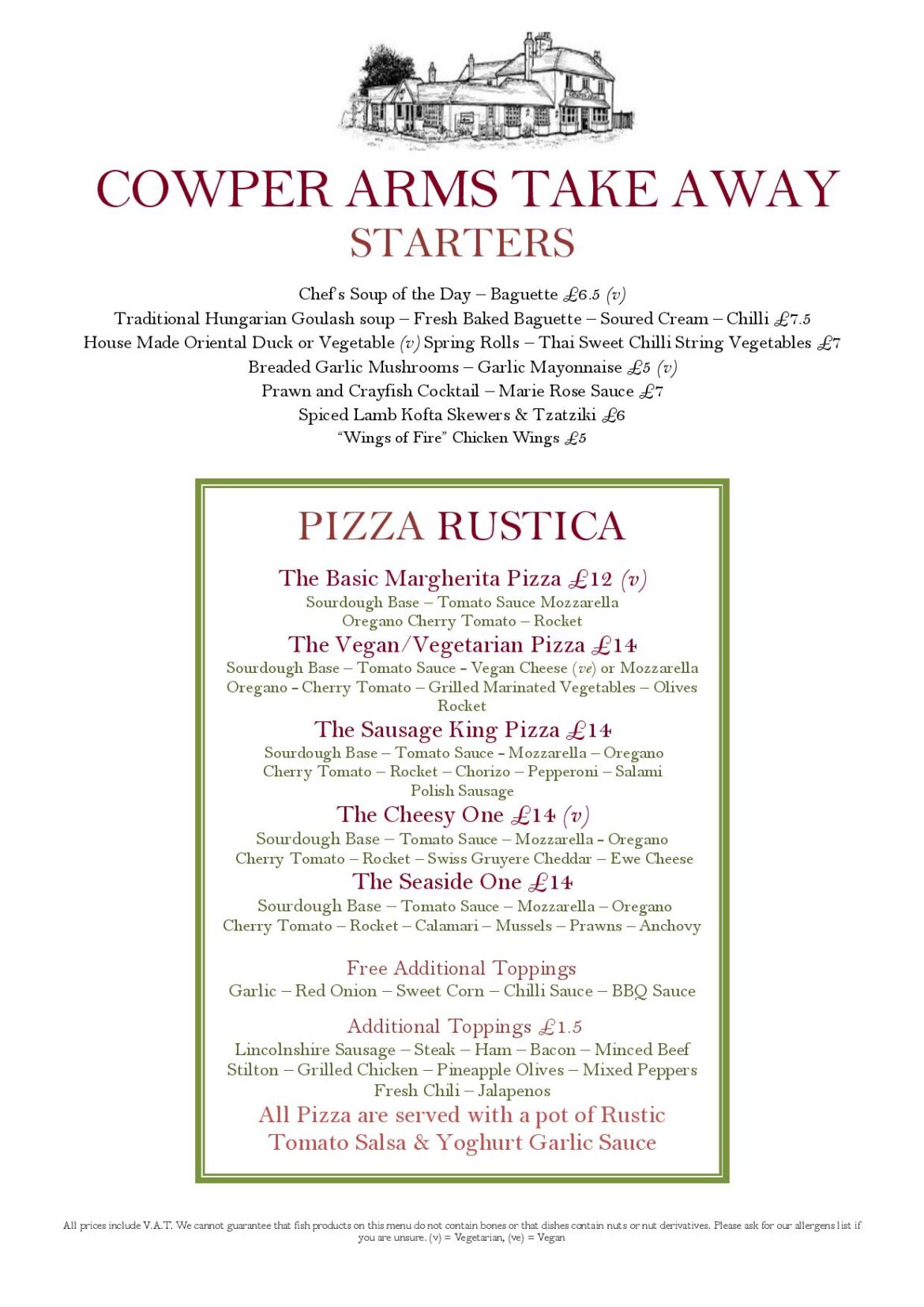 Take Away Menu - Cowper Arms