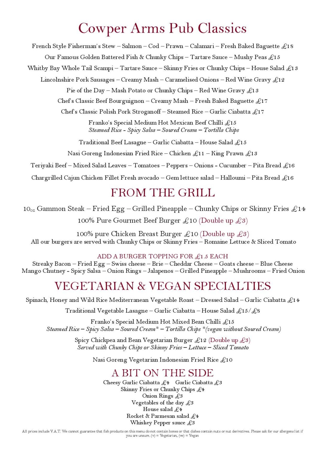 Take Away Menu - Cowper Arms