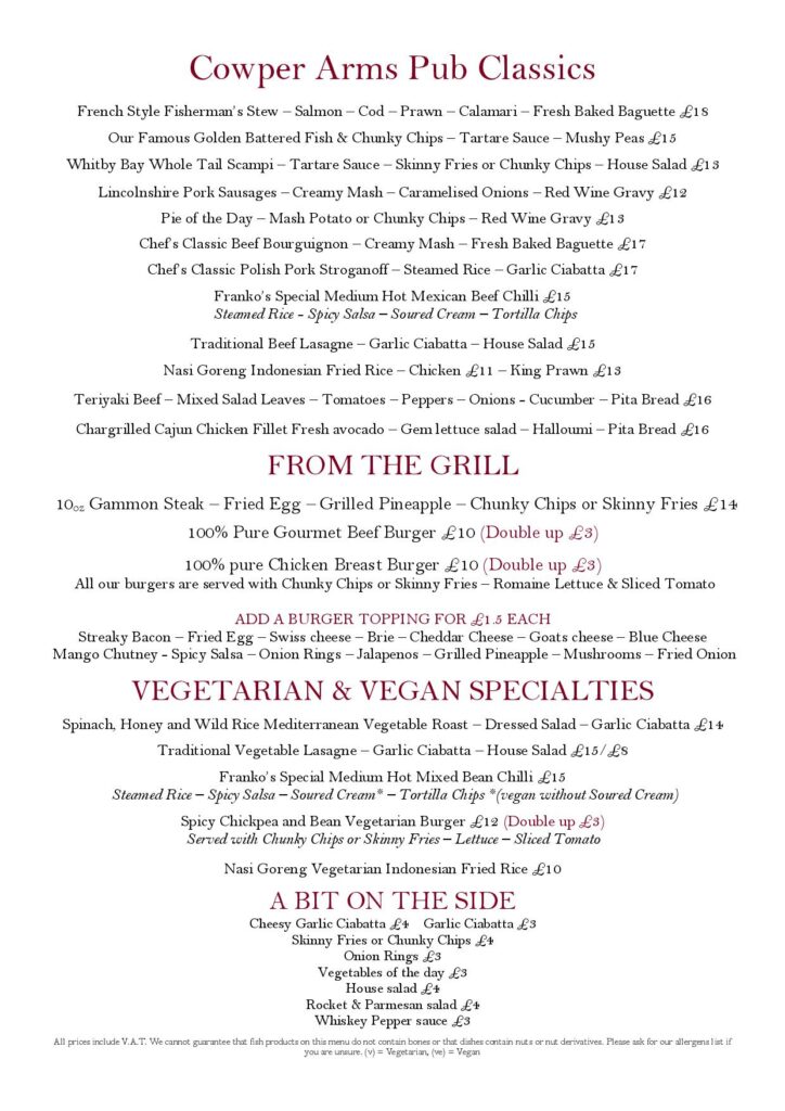 Take Away Menu - Cowper Arms
