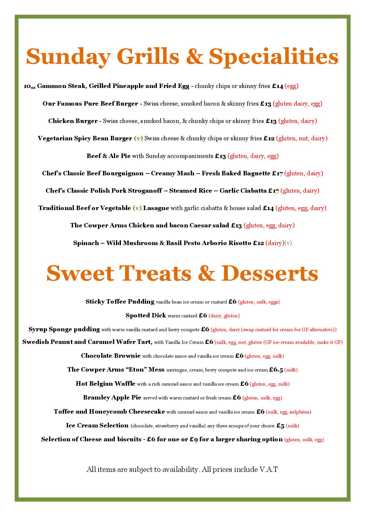 Take Away Menu - Cowper Arms