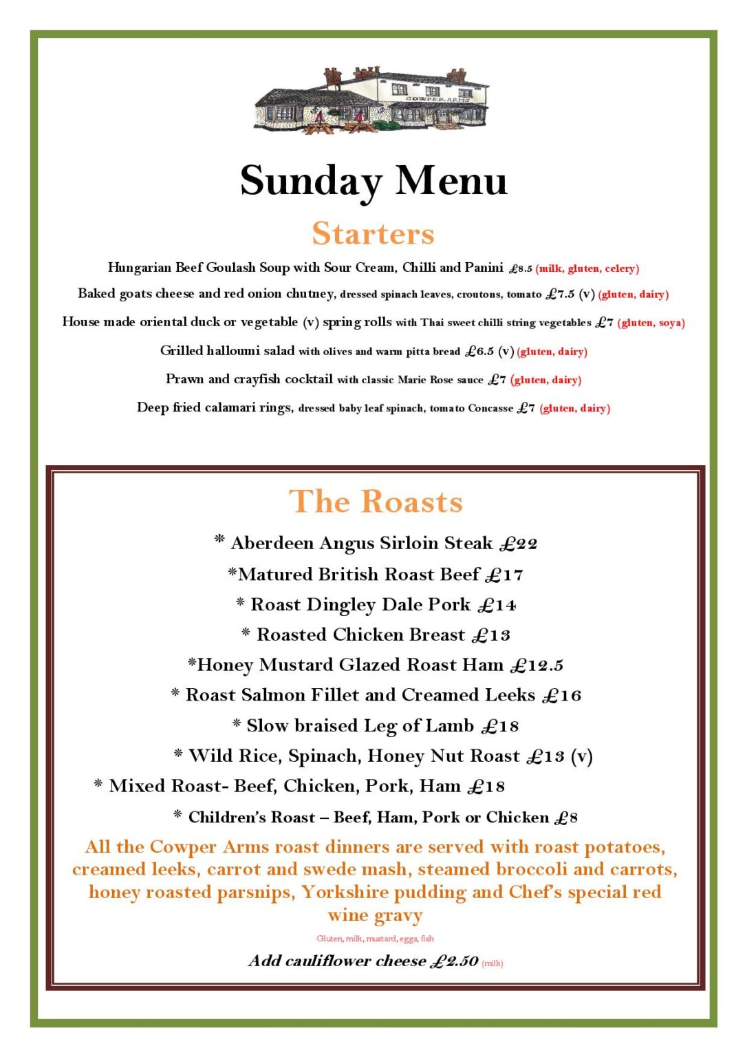 Sunday Menu - Cowper Arms